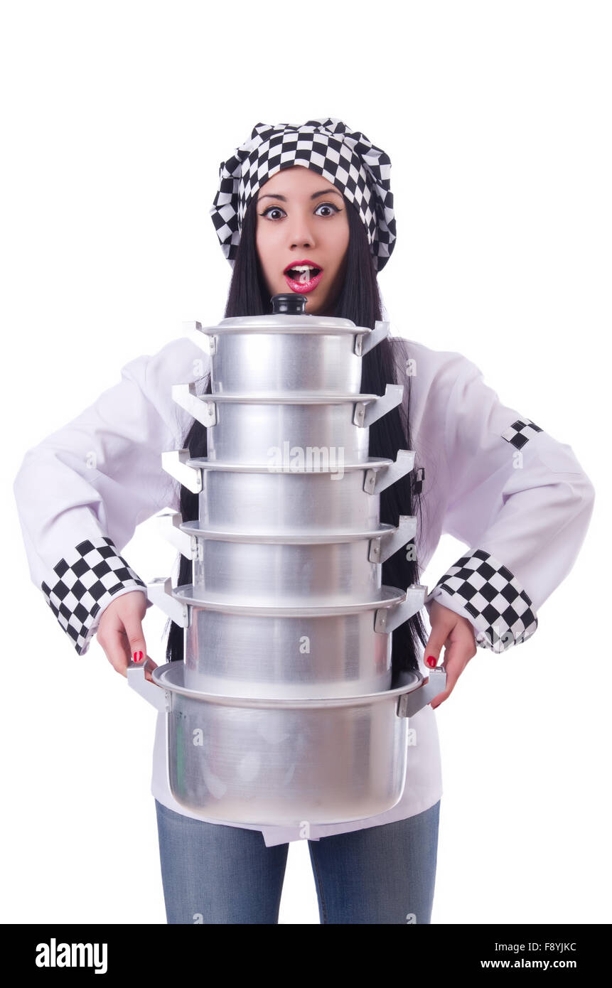 Cook with stack of pots on white Stock Photo - Alamy