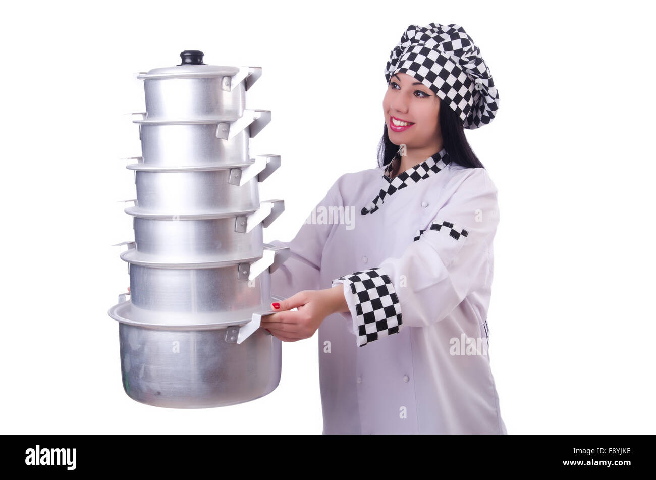 Cook with stack of pots on white Stock Photo - Alamy