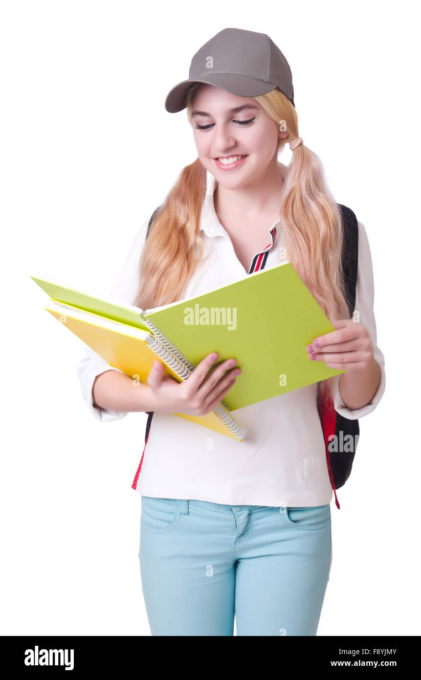 Girl student with books on white Stock Photo - Alamy