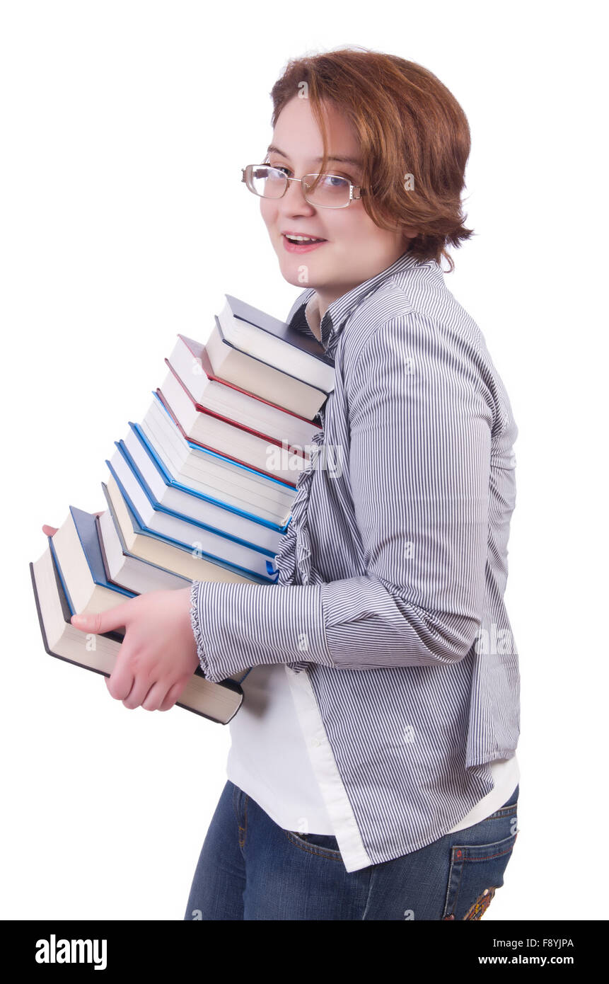 Girl student with books on white Stock Photo - Alamy