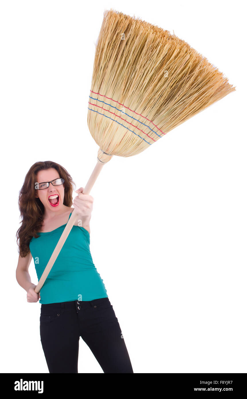 Young woman with broom isolated on white Stock Photo - Alamy