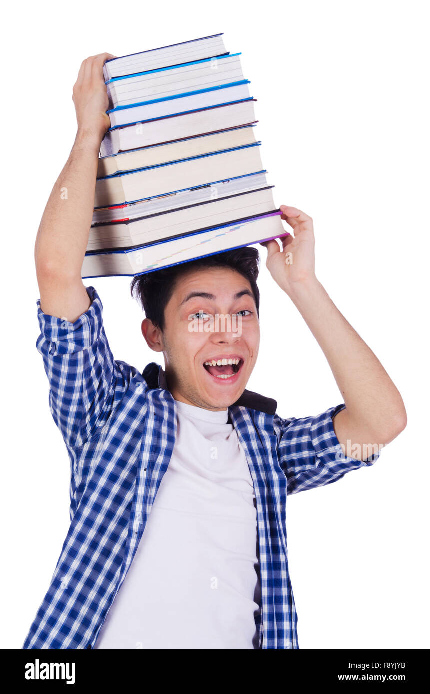 Student with lots of books on white Stock Photo - Alamy