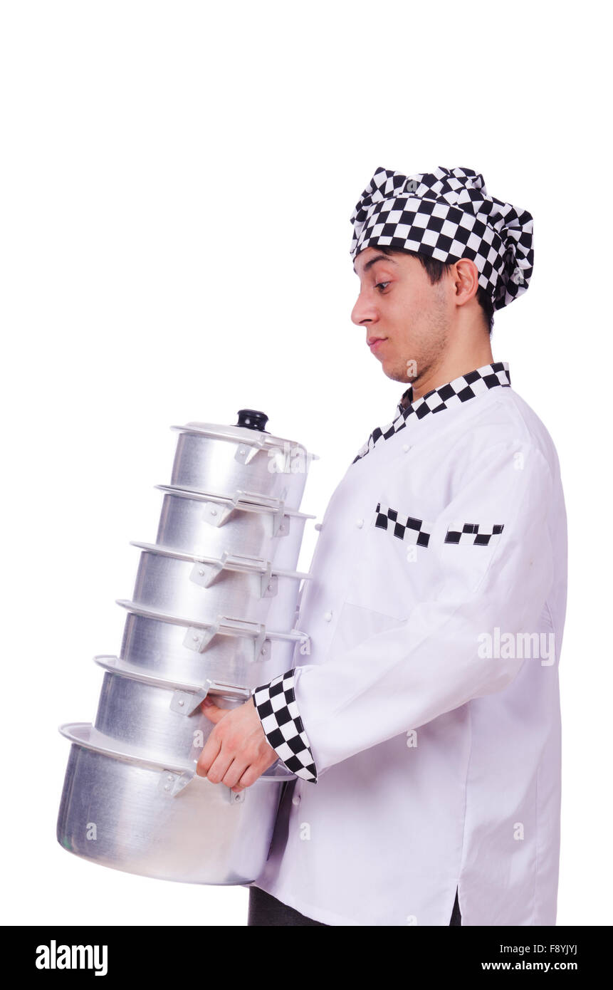 Cook with stack of pots on white Stock Photo - Alamy
