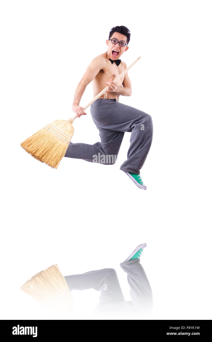 Funny man with broom on white Stock Photo - Alamy