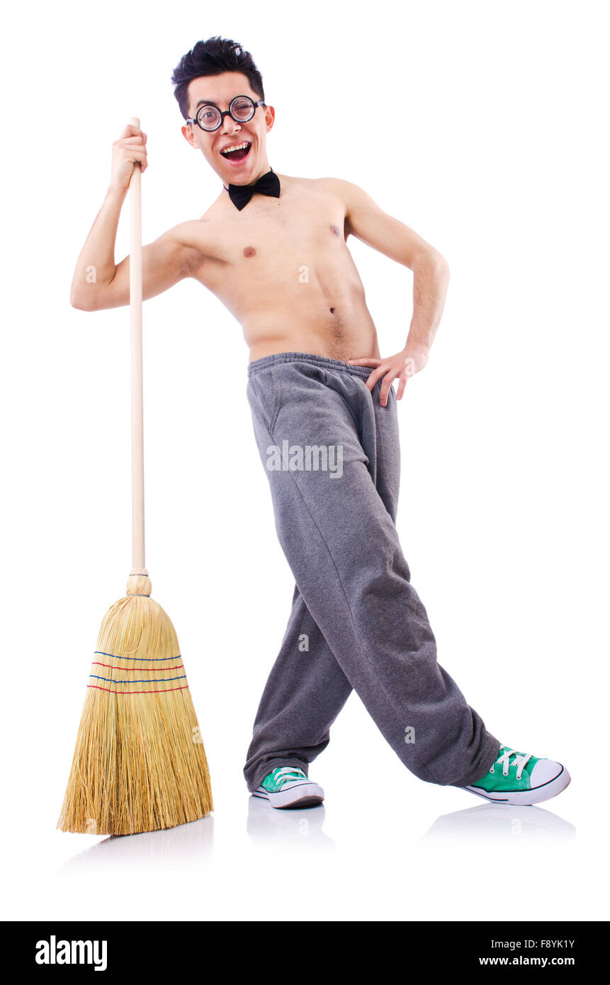 Funny man with broom on white Stock Photo - Alamy