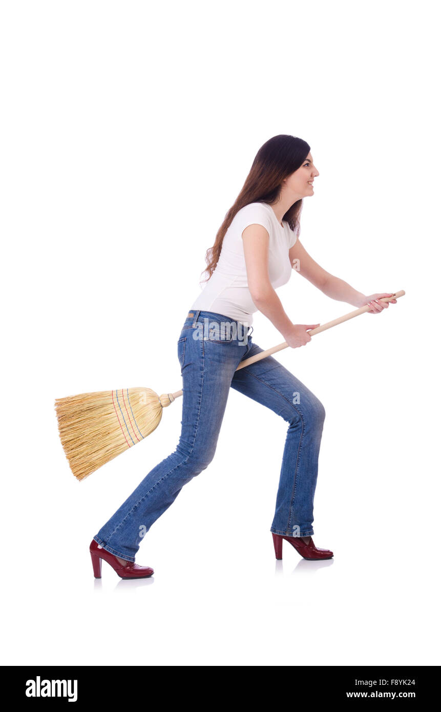 Young woman with broom isolated on white Stock Photo - Alamy