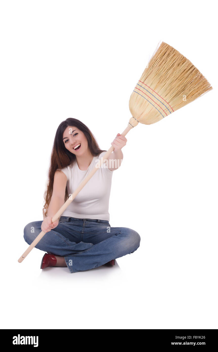 Young woman with broom isolated on white Stock Photo - Alamy