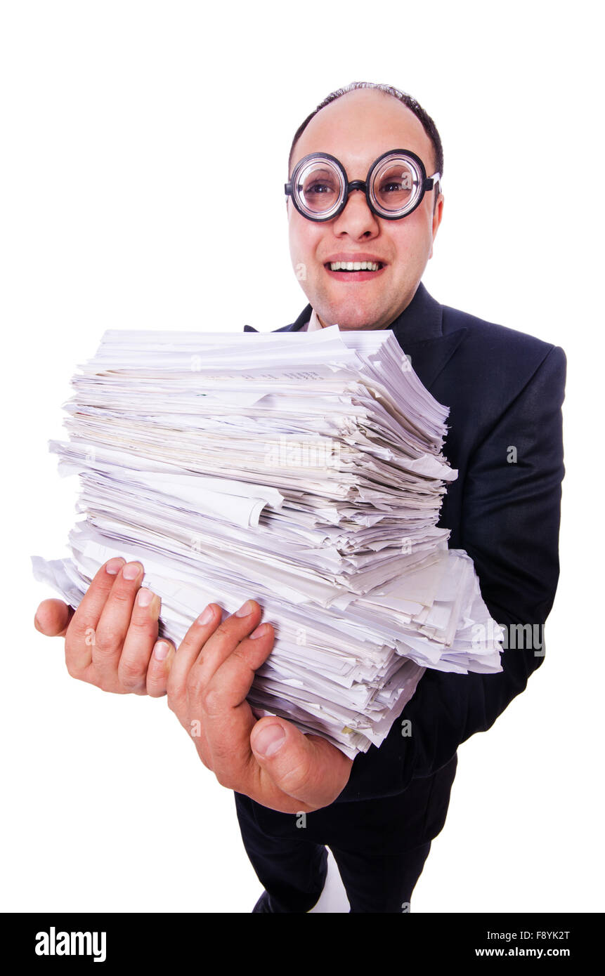 Funny man with lots of folders on white Stock Photo - Alamy