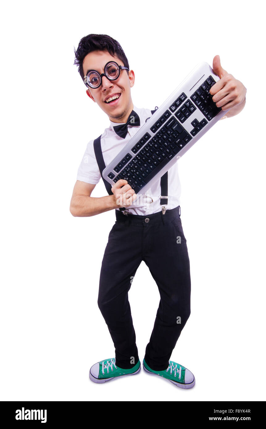 Funny computer geek isolated on white Stock Photo - Alamy
