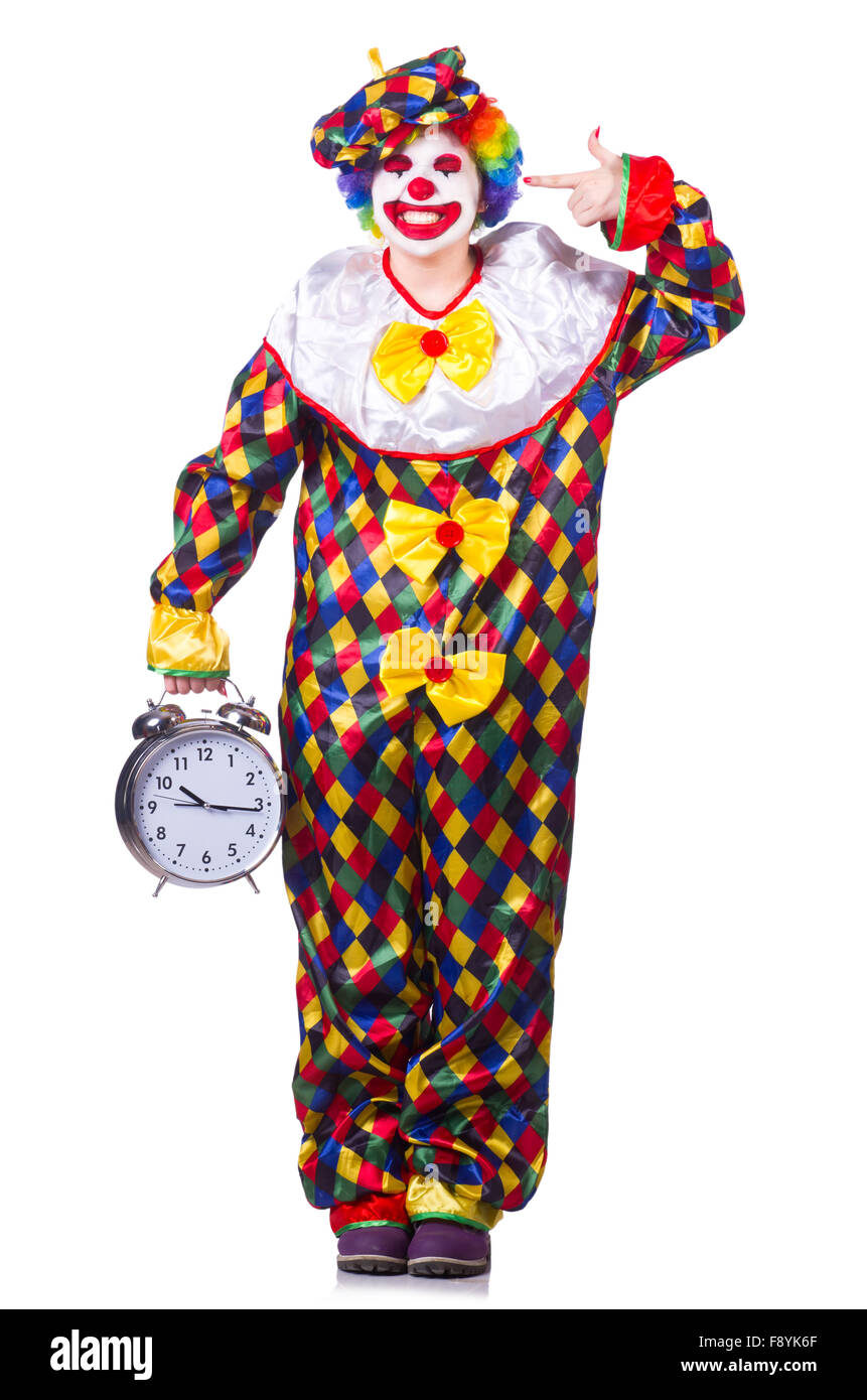 Clown with clock on white Stock Photo - Alamy