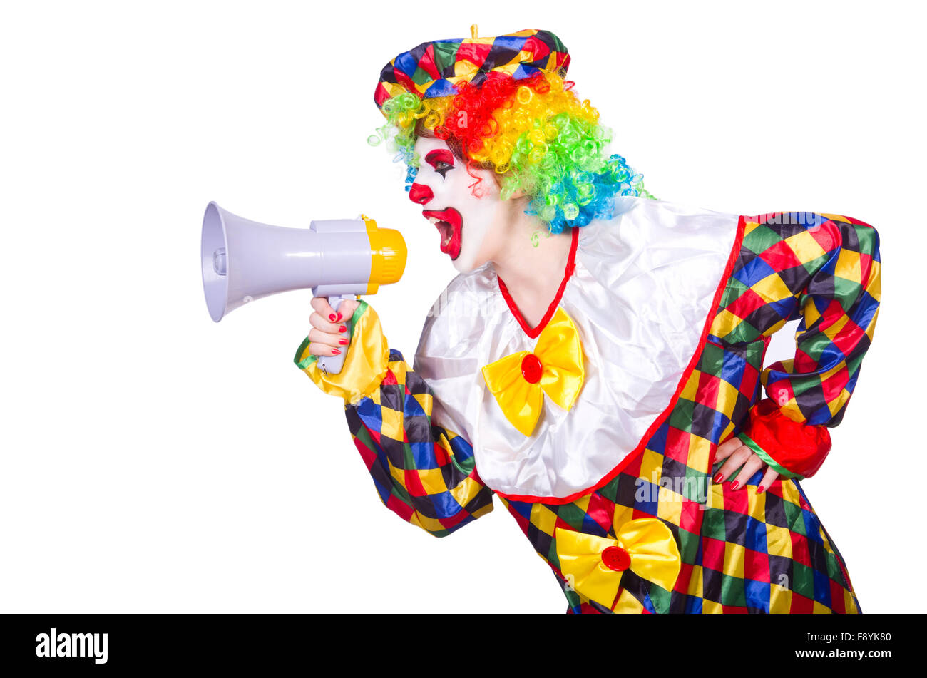 Clown with loudspeaker on white Stock Photo - Alamy