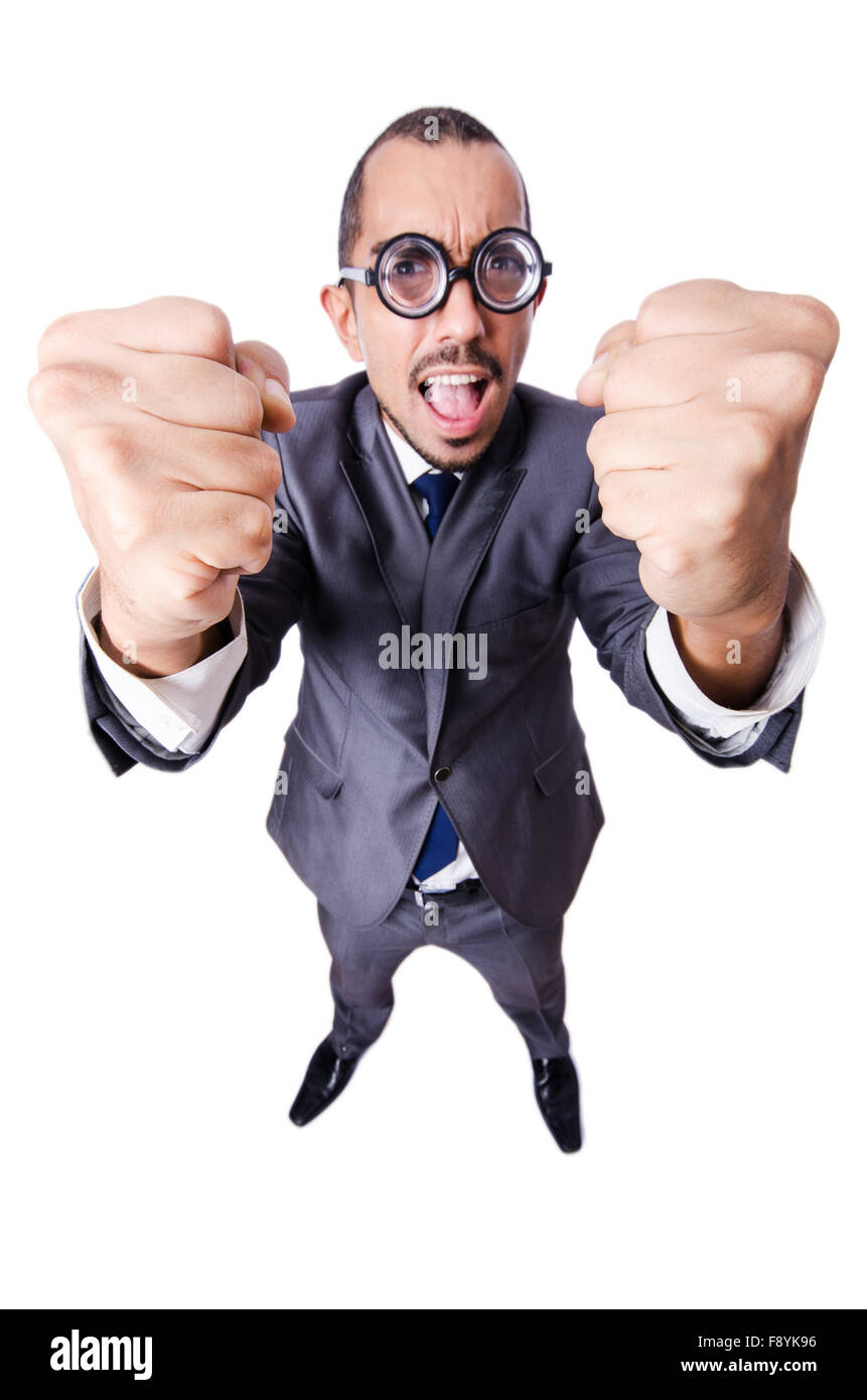 Funny nerd businessman isolated on white Stock Photo - Alamy