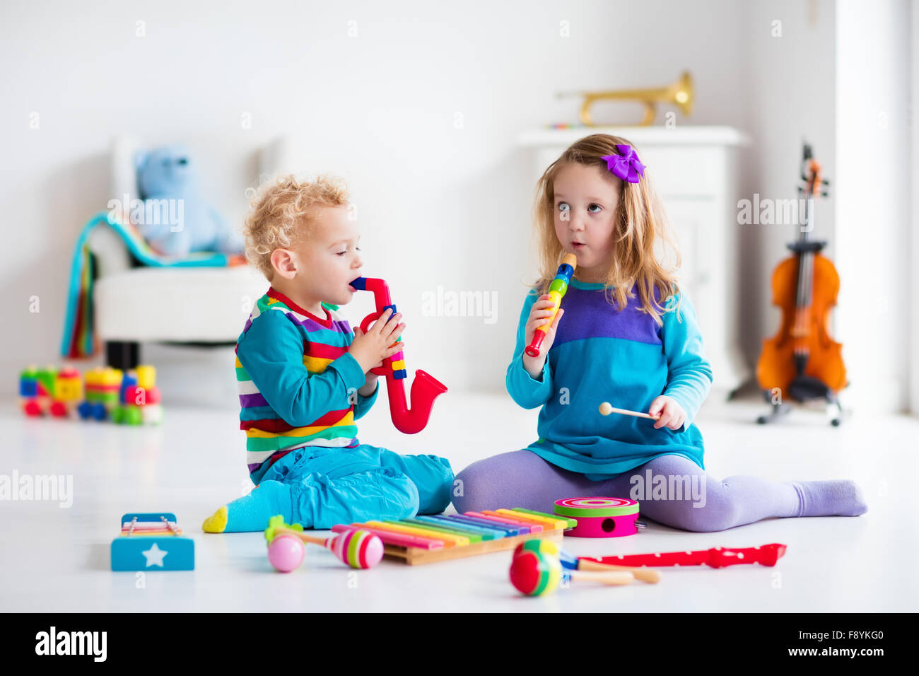 Children with music instruments. Musical education for kids. Colorful ...