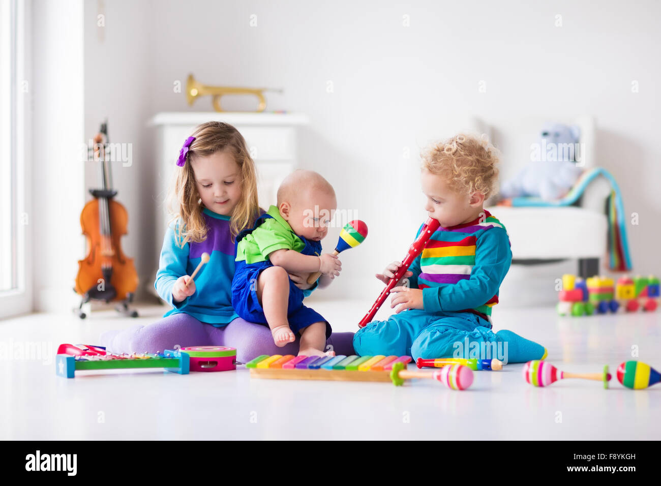 Children with music instruments. Musical education for kids. Colorful ...