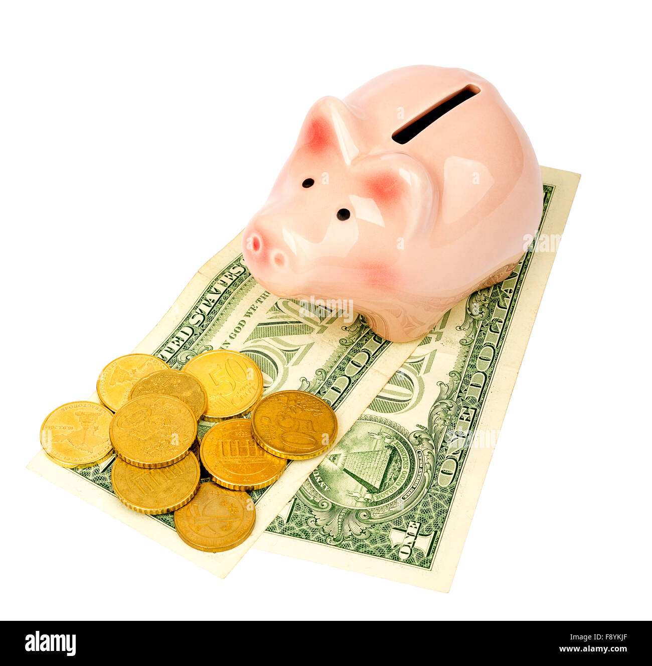 Piggy bank with coins and dollars Stock Photo - Alamy