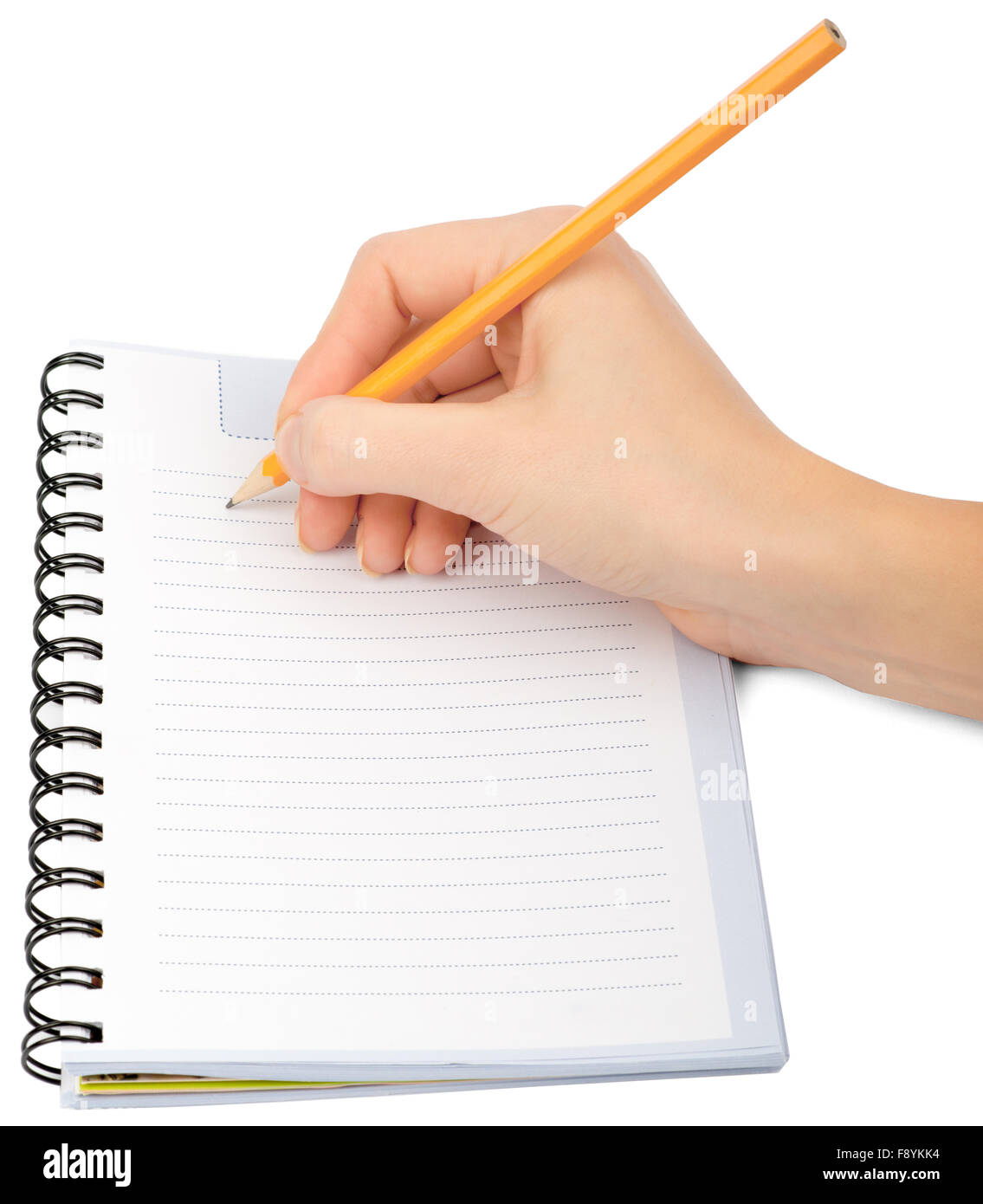 Hand writing in notebook on white background Stock Photo - Alamy