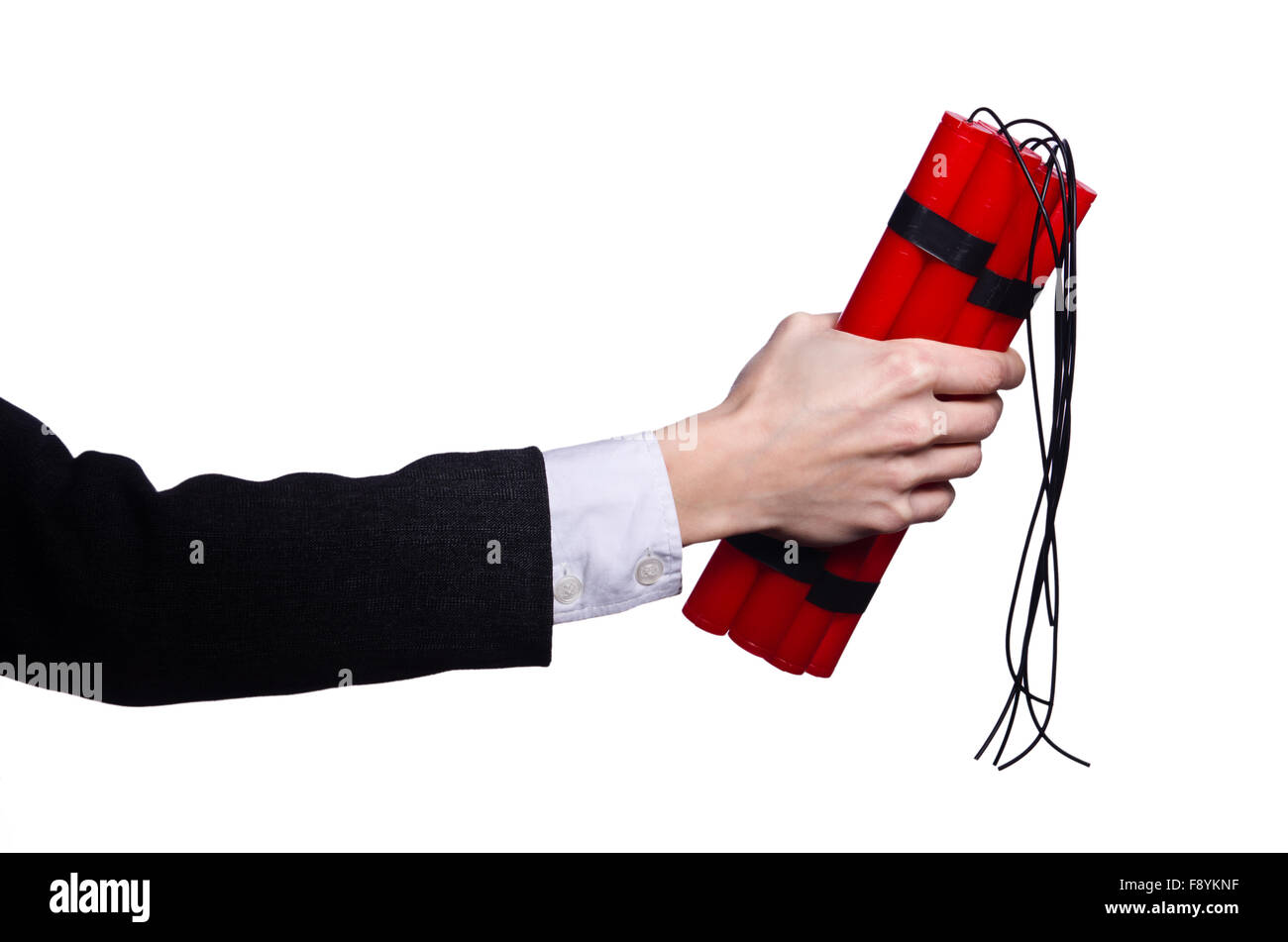 Hand holding bars of dynamite on white Stock Photo - Alamy