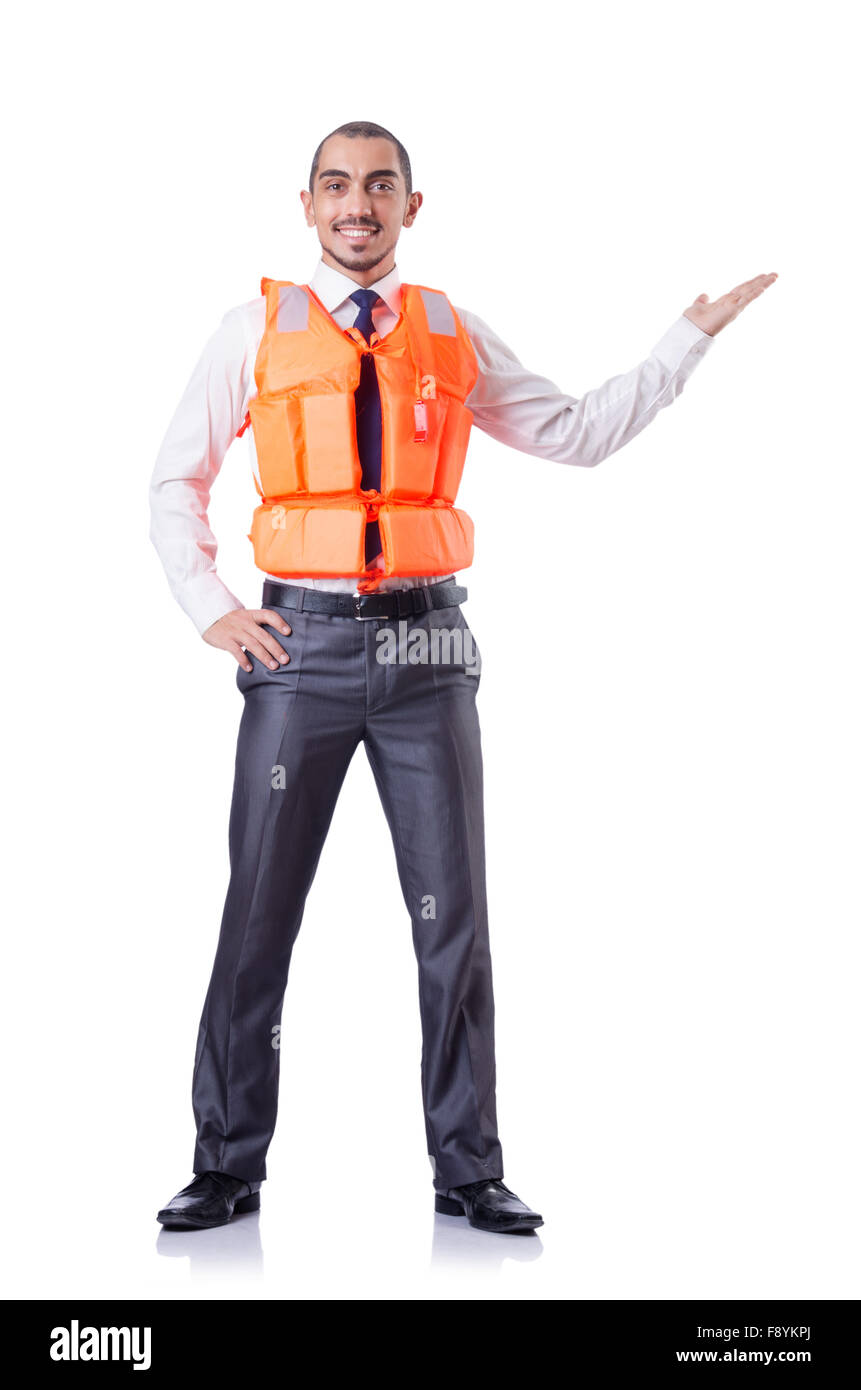 Man in life jacket isolated on white Stock Photo - Alamy