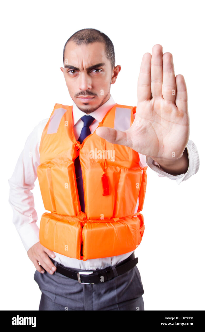 Man in life jacket isolated on white Stock Photo - Alamy