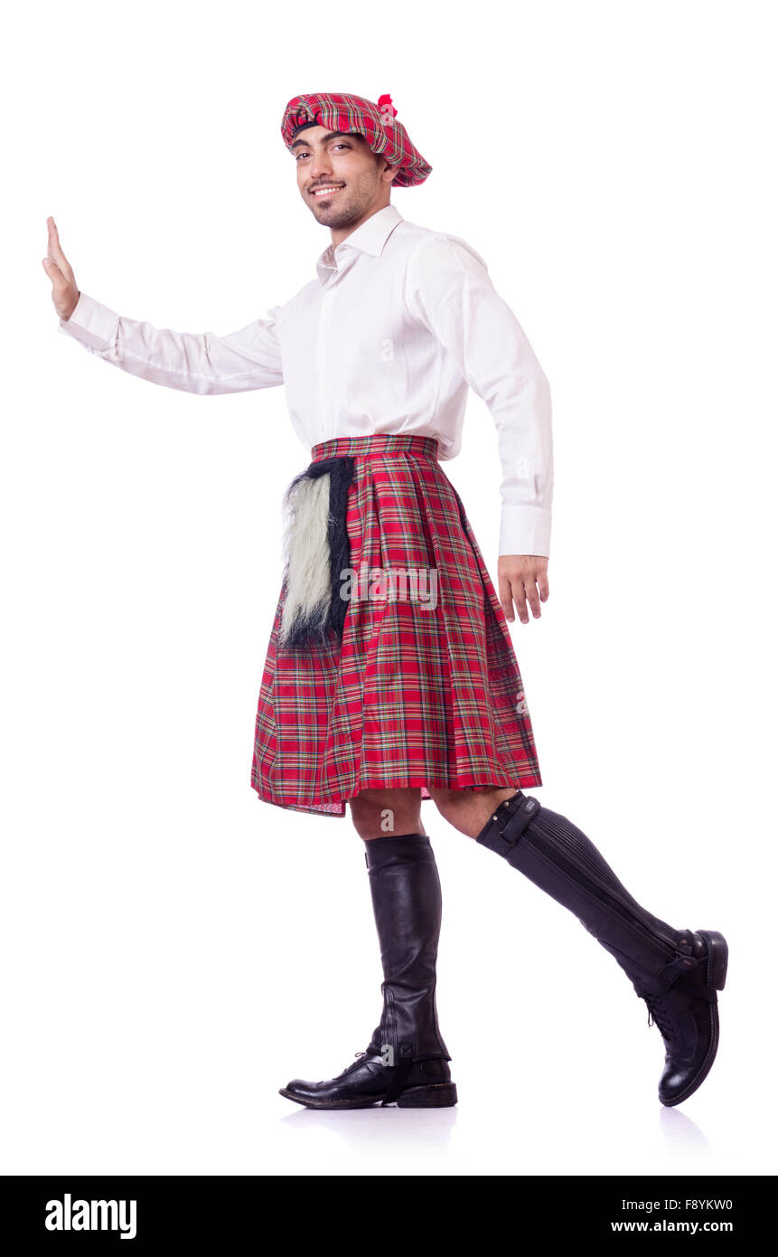 Scottish man pushing virtual obstacle Stock Photo - Alamy