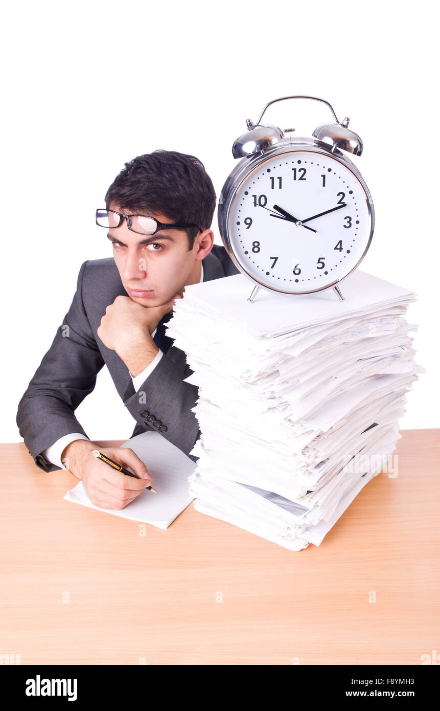 Woman businessman with giant alarm clock Stock Photo - Alamy