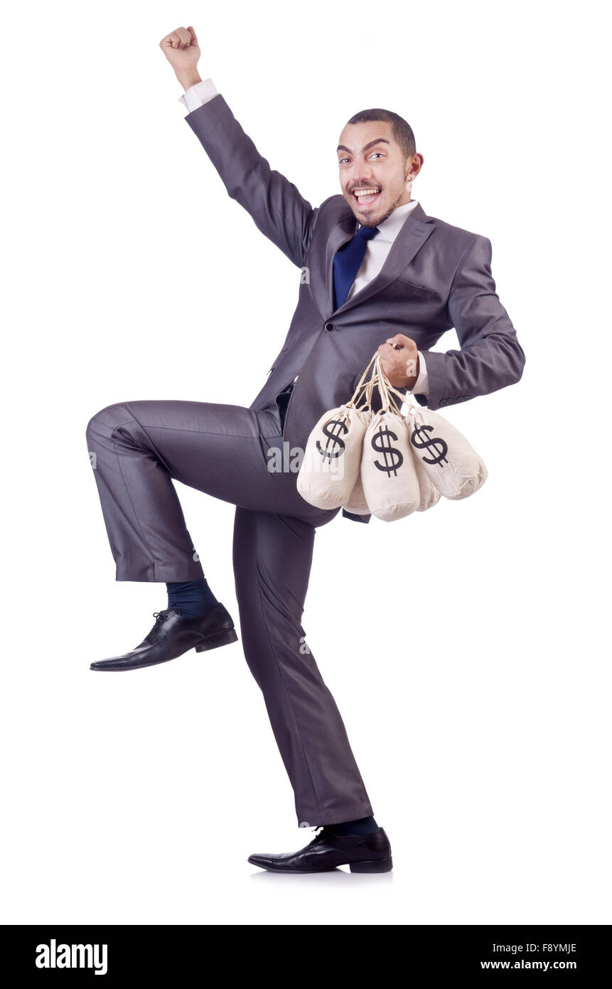 Man with sacks of money on white Stock Photo - Alamy