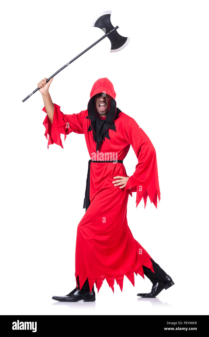 Executioner in red costume with axe on white Stock Photo - Alamy