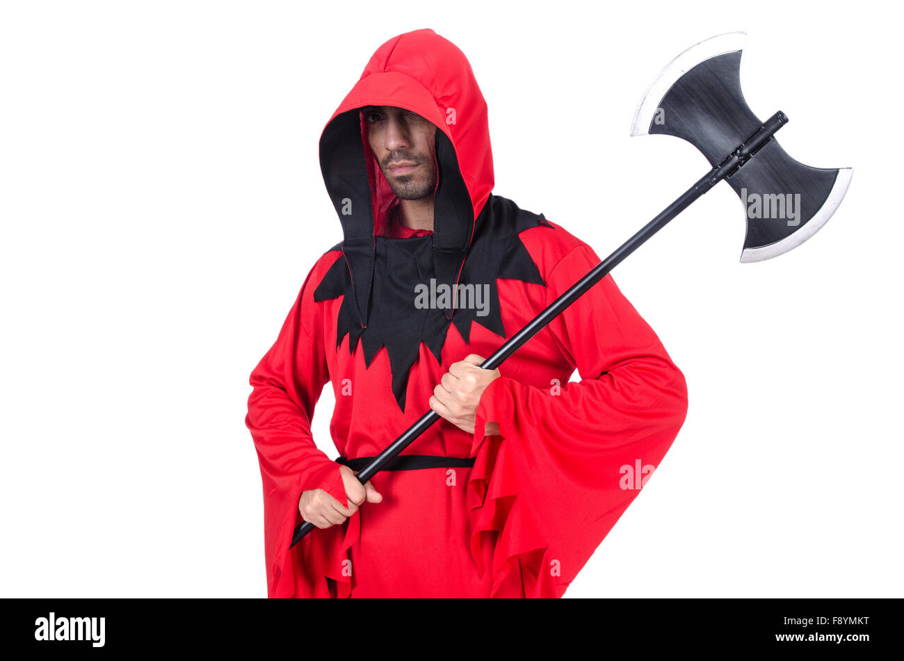 Executioner in red costume with axe on white Stock Photo - Alamy