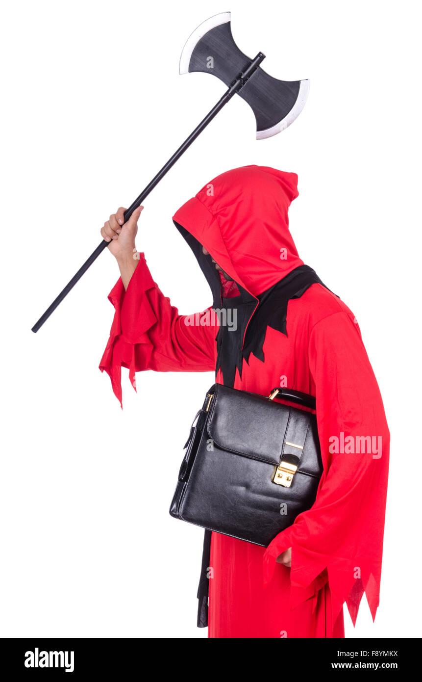 Executioner in red costume with axe on white Stock Photo - Alamy