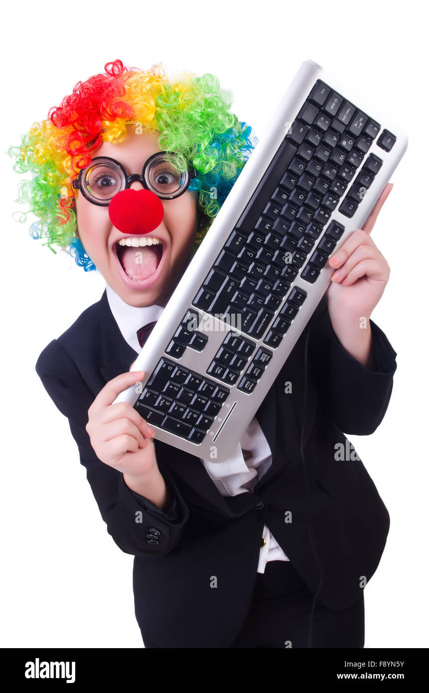 Funny clown with keyboard on white Stock Photo - Alamy