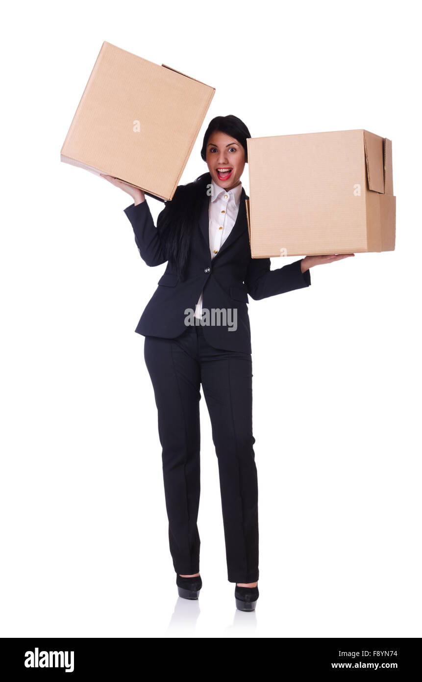 Woman with lots of boxes on white Stock Photo - Alamy