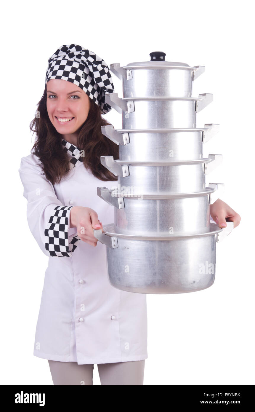 Cook with stack of pots on white Stock Photo - Alamy
