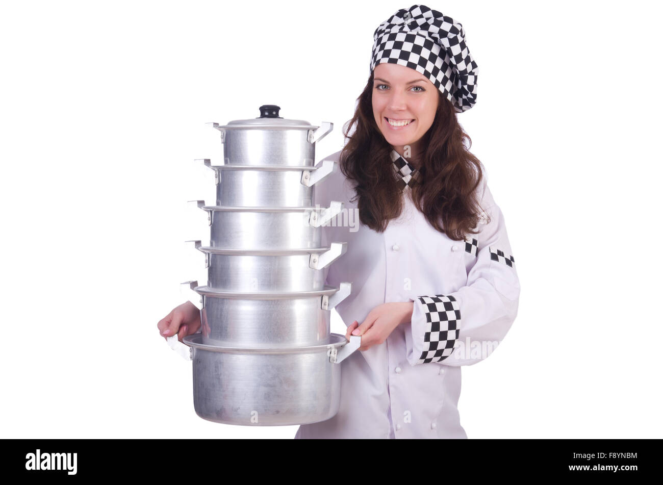 Cook with stack of pots on white Stock Photo - Alamy