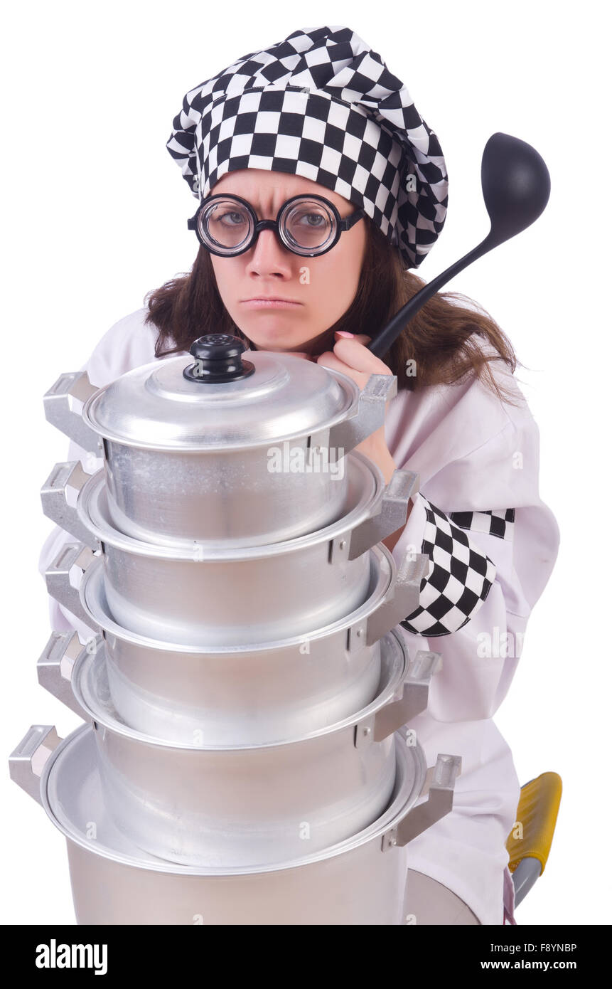 Cook with stack of pots on white Stock Photo - Alamy