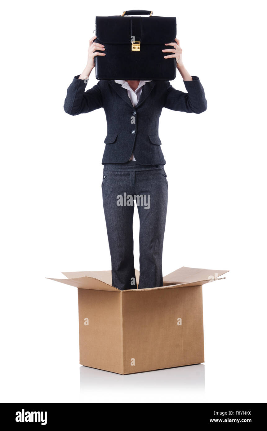 Woman with boxes on white Stock Photo - Alamy
