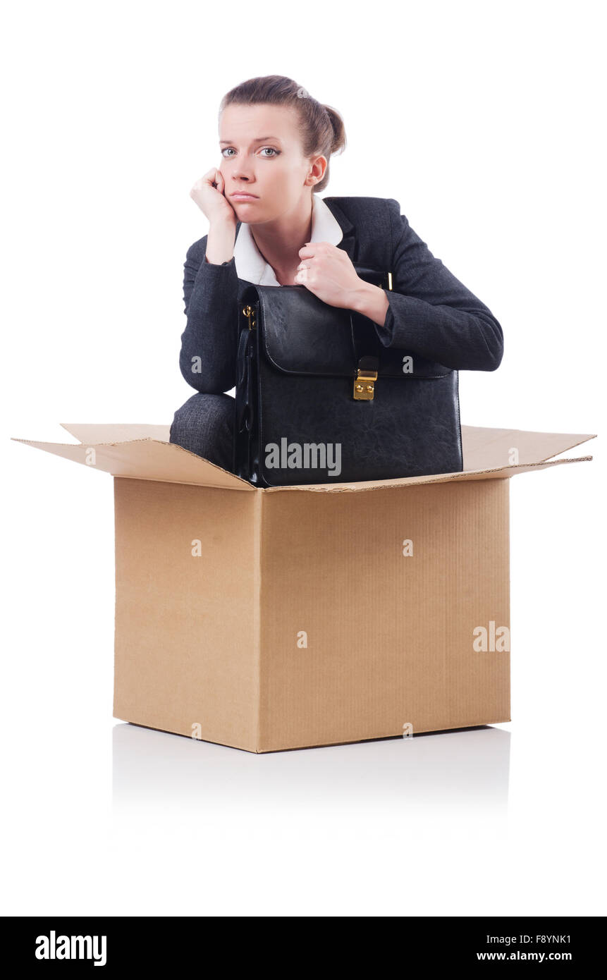 Woman with boxes on white Stock Photo - Alamy