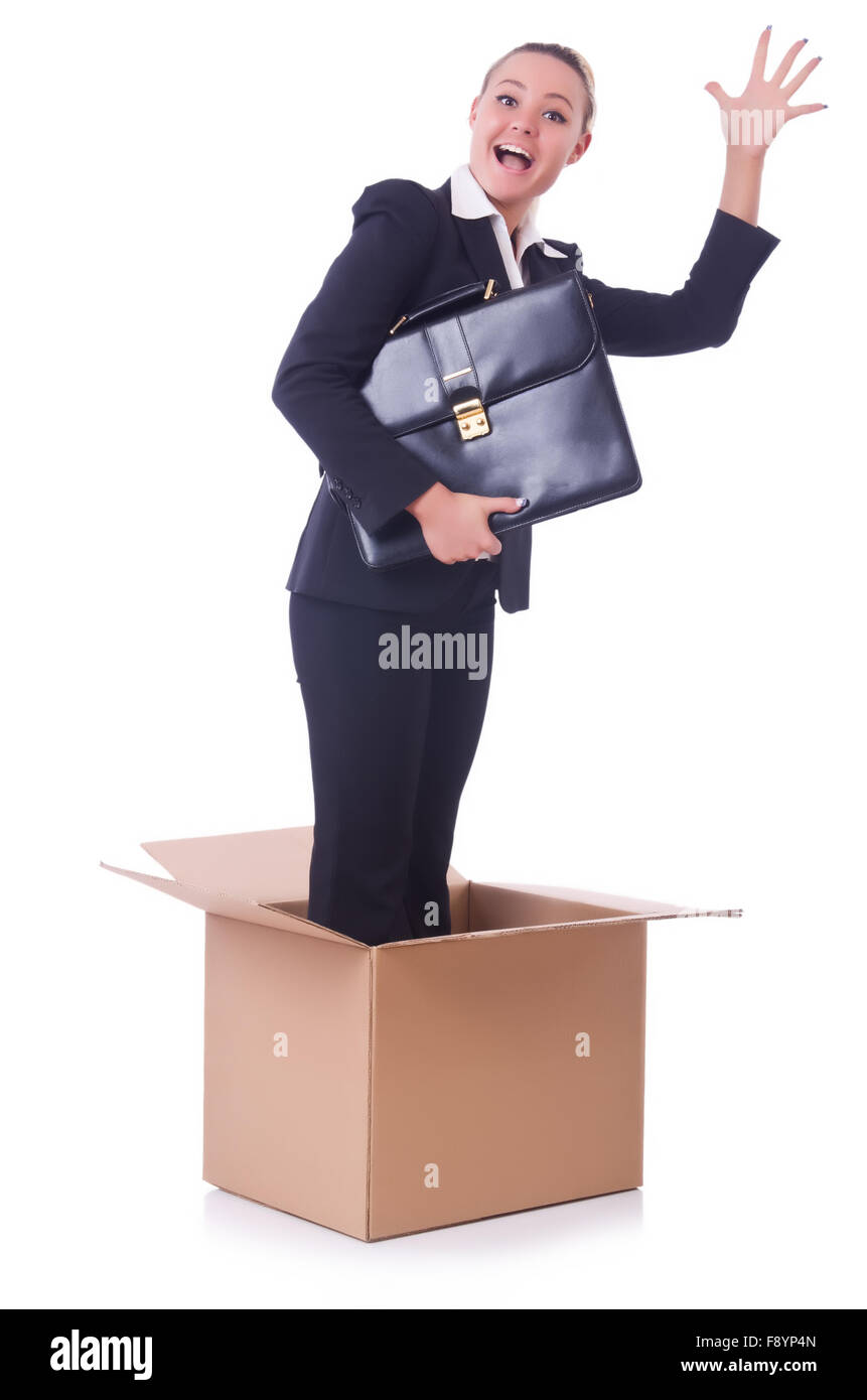Woman with boxes on white Stock Photo - Alamy