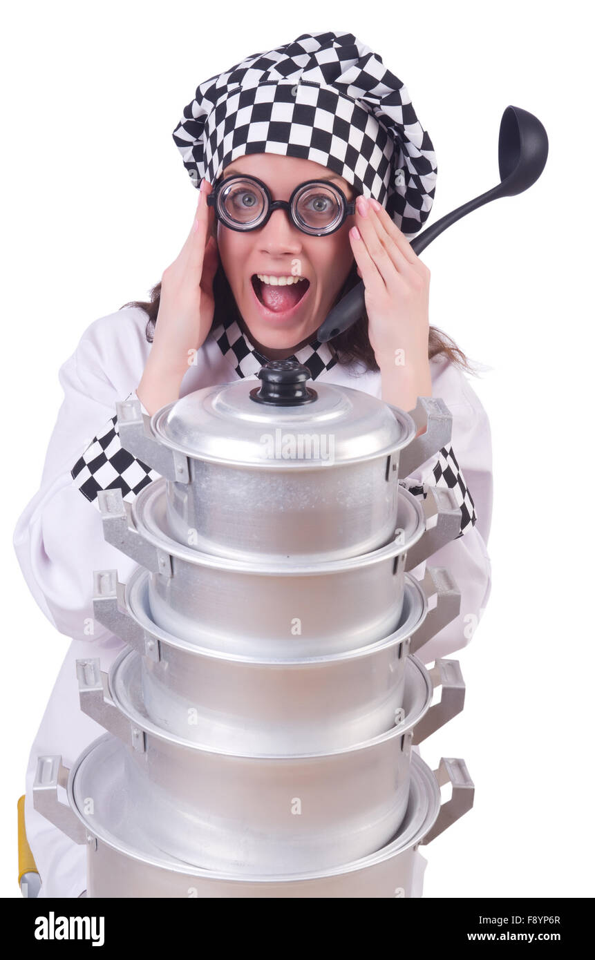 Cook with stack of pots on white Stock Photo - Alamy