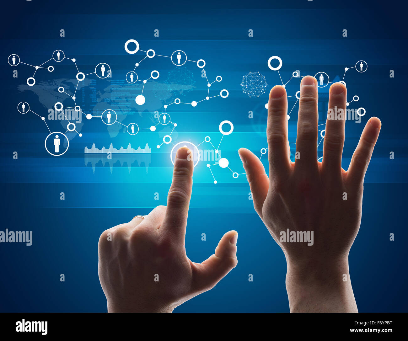 Hand pressing blue virtual button Stock Photo - Alamy
