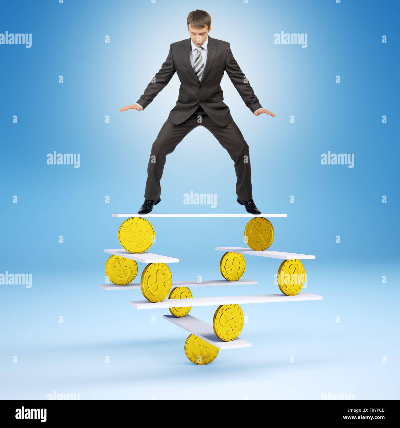 Businessman standing on balance with coins Stock Photo - Alamy