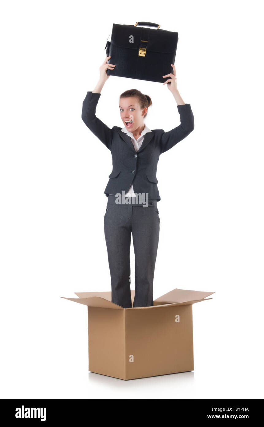 Woman with boxes on white Stock Photo - Alamy