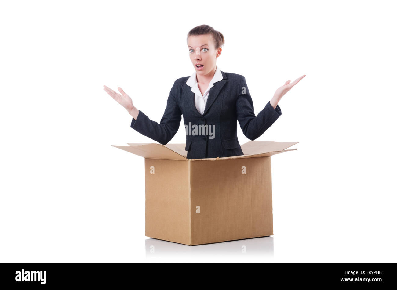 Woman with boxes on white Stock Photo - Alamy