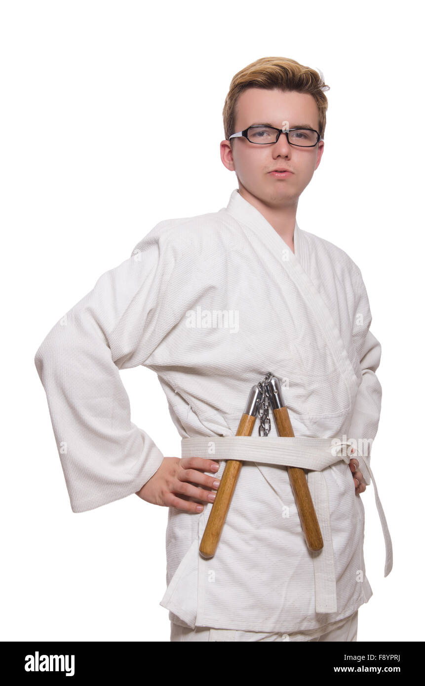 Funny karate fighter with nunchucks on white Stock Photo - Alamy