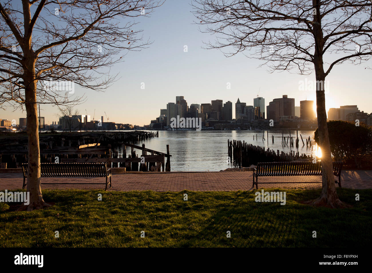 Boston harbor, city skyline sunset, East Boston, Massachusetts Stock ...