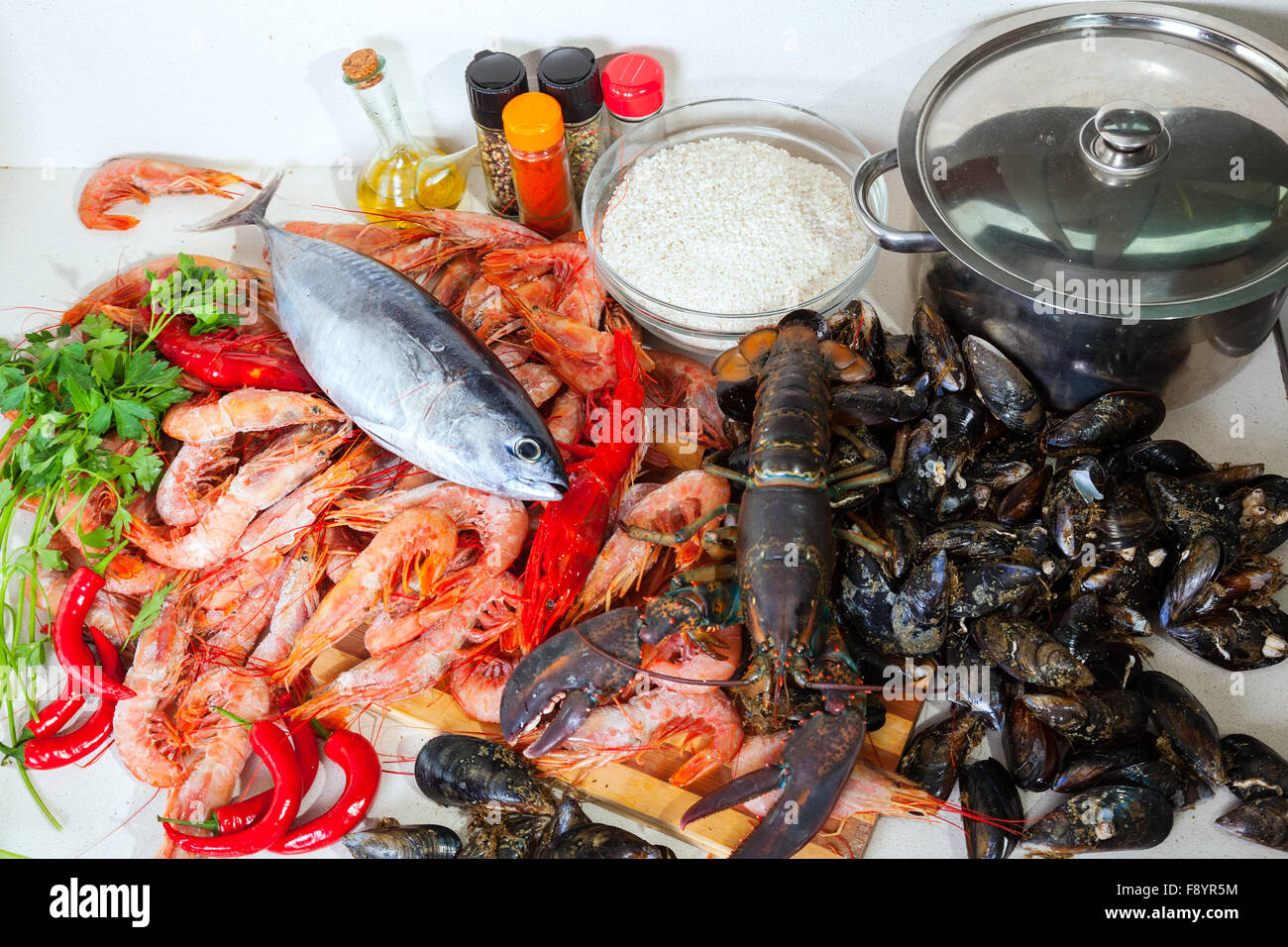 raw sea food specialties in the kitchen Stock Photo - Alamy