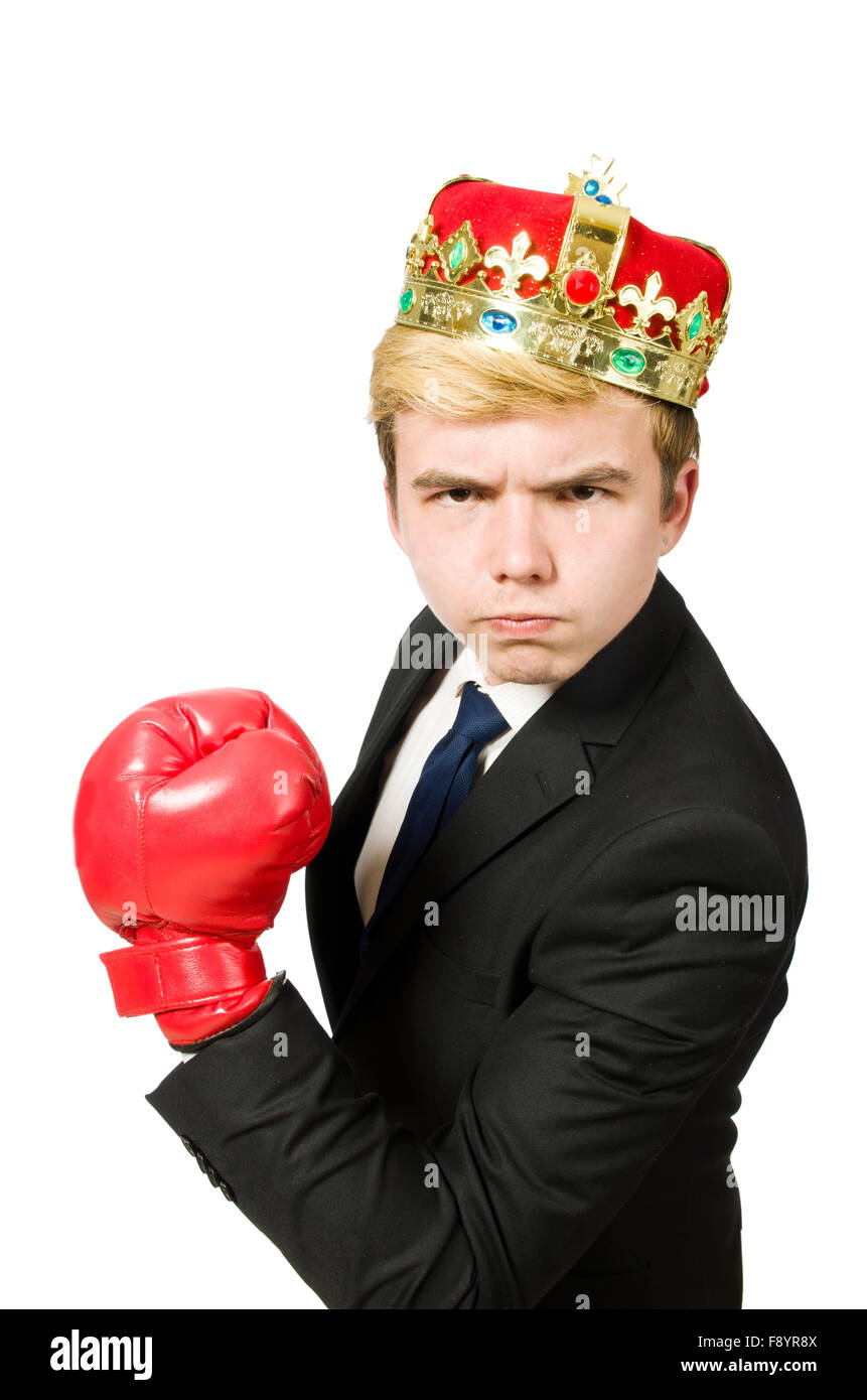 Funny businessman with crown and boxing gloves Stock Photo - Alamy