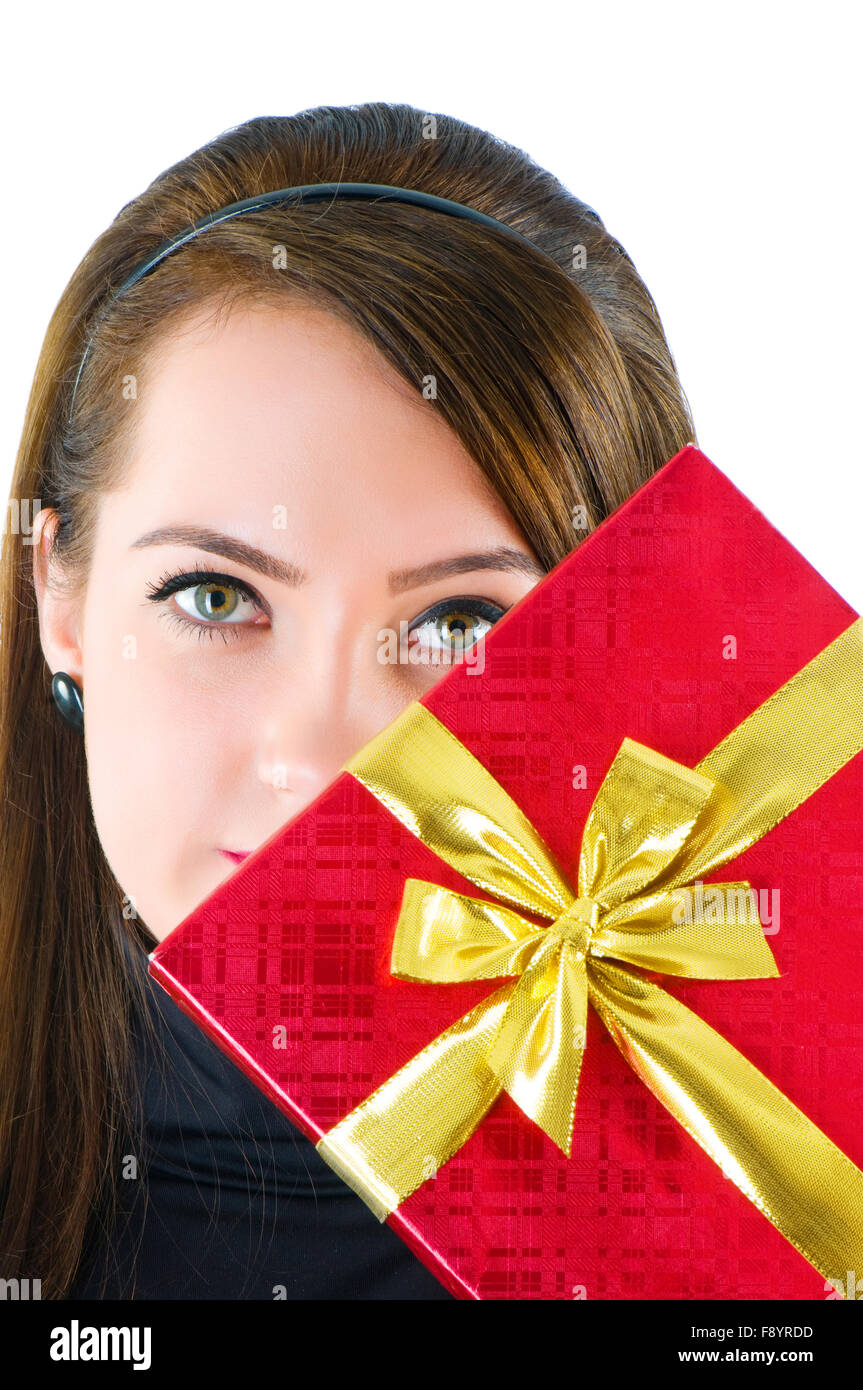 Young woman with red gift box Stock Photo - Alamy