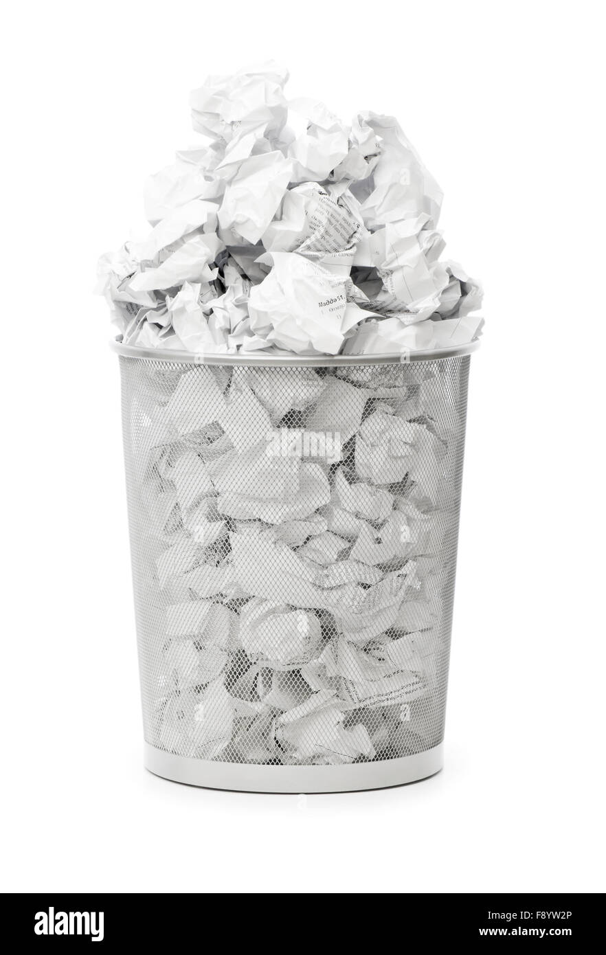Garbage bin with paper waste isolated on white Stock Photo - Alamy
