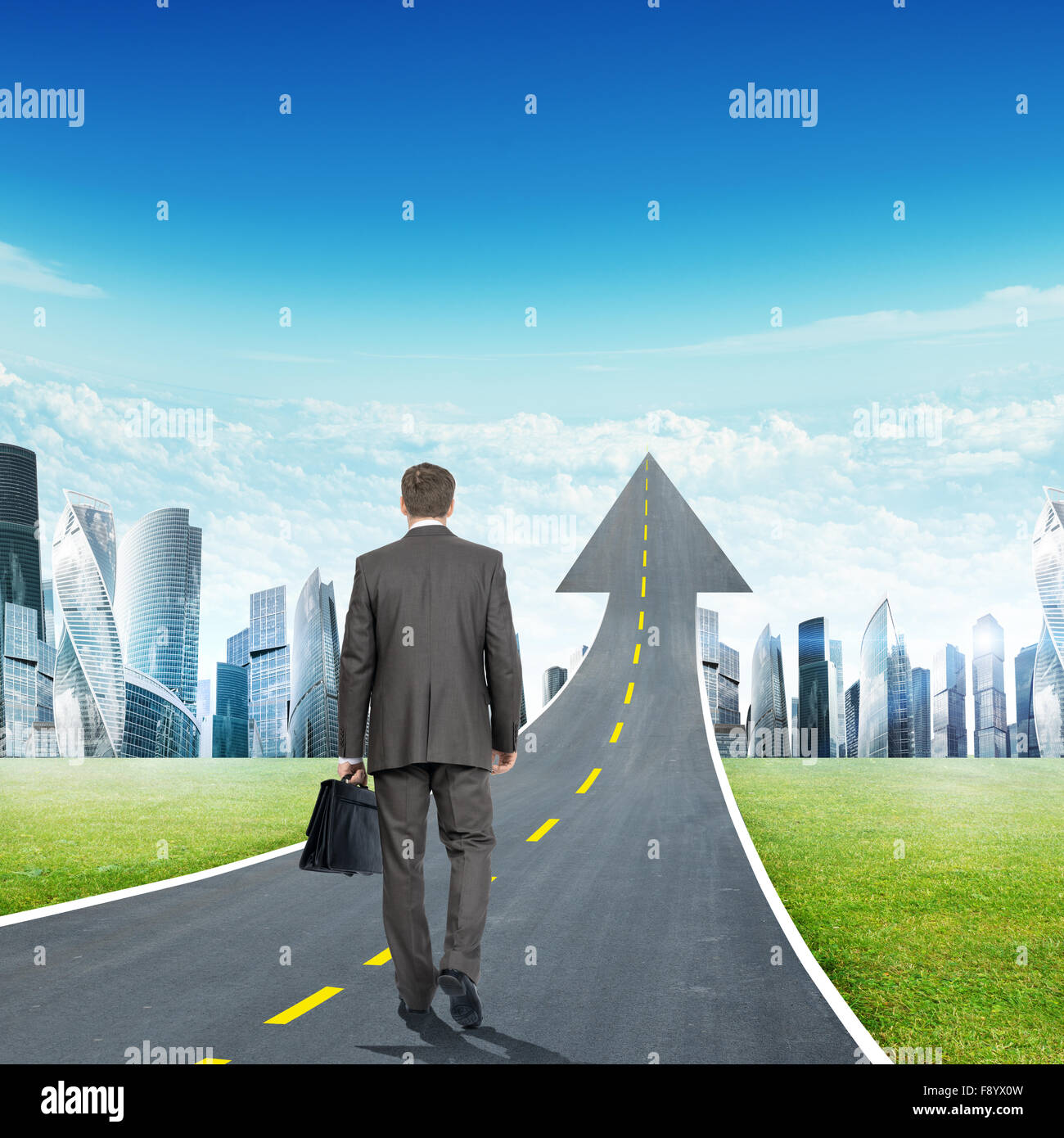Man walking on highway going up as arrow Stock Photo - Alamy
