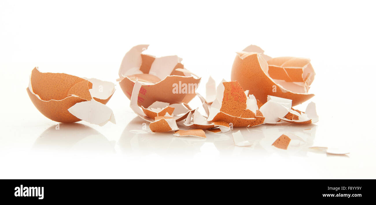 Broken Egg Shells on white background Stock Photo - Alamy